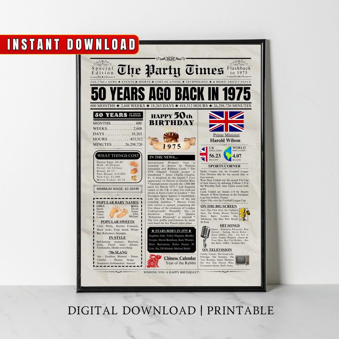 1975 UK 50th Birthday Newspaper Print United Kingdom 50th Birthday Gift ...