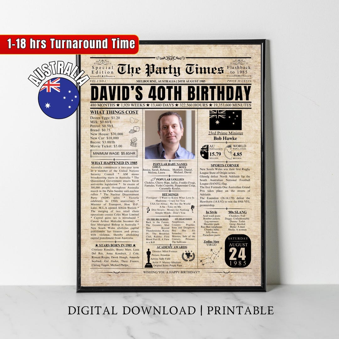 Custom 1985 AUSTRALIA 40th Birthday Newspaper Print Australian 40th ...