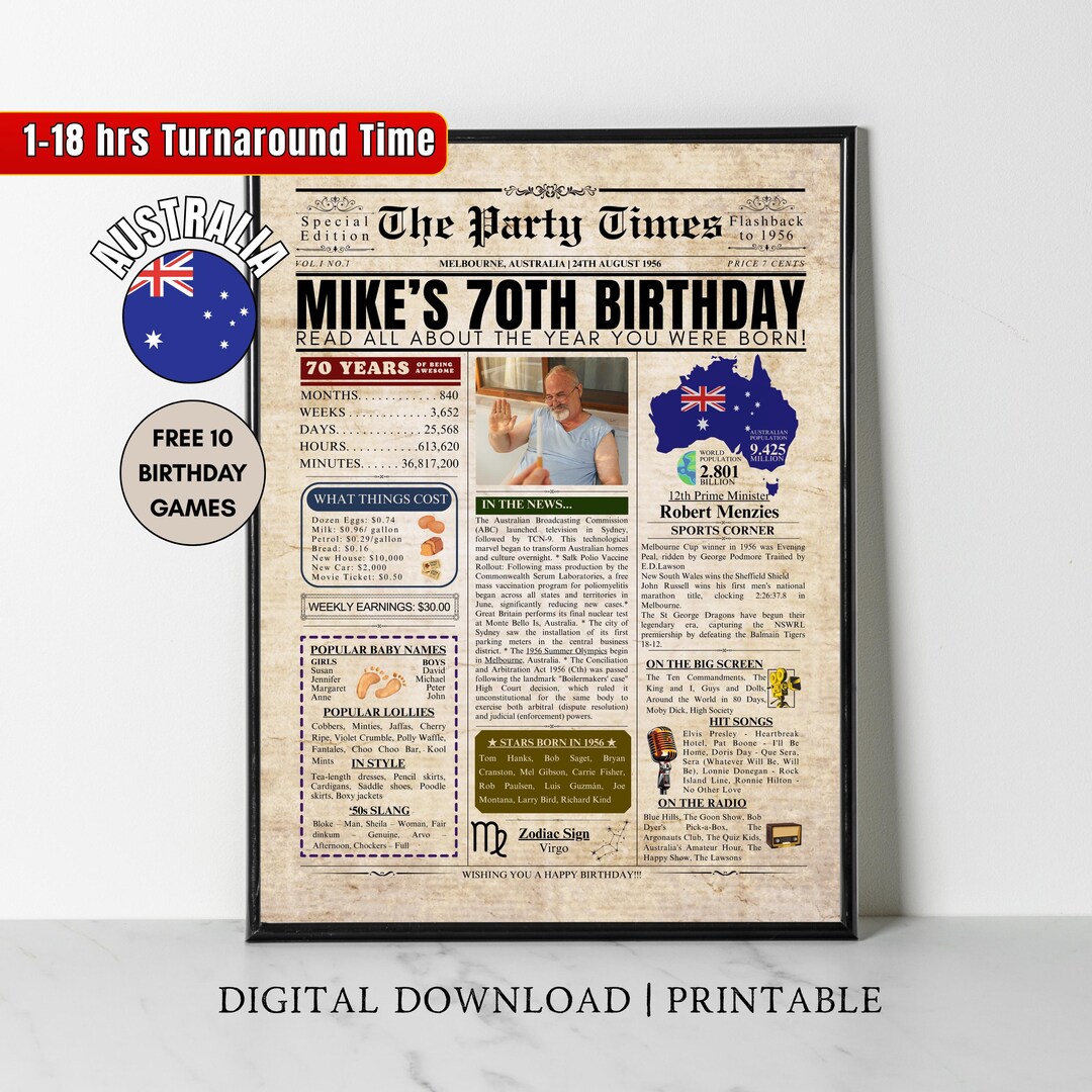 Custom 1956 AUSTRALIA 70th Birthday Newspaper Print Australian 70th ...