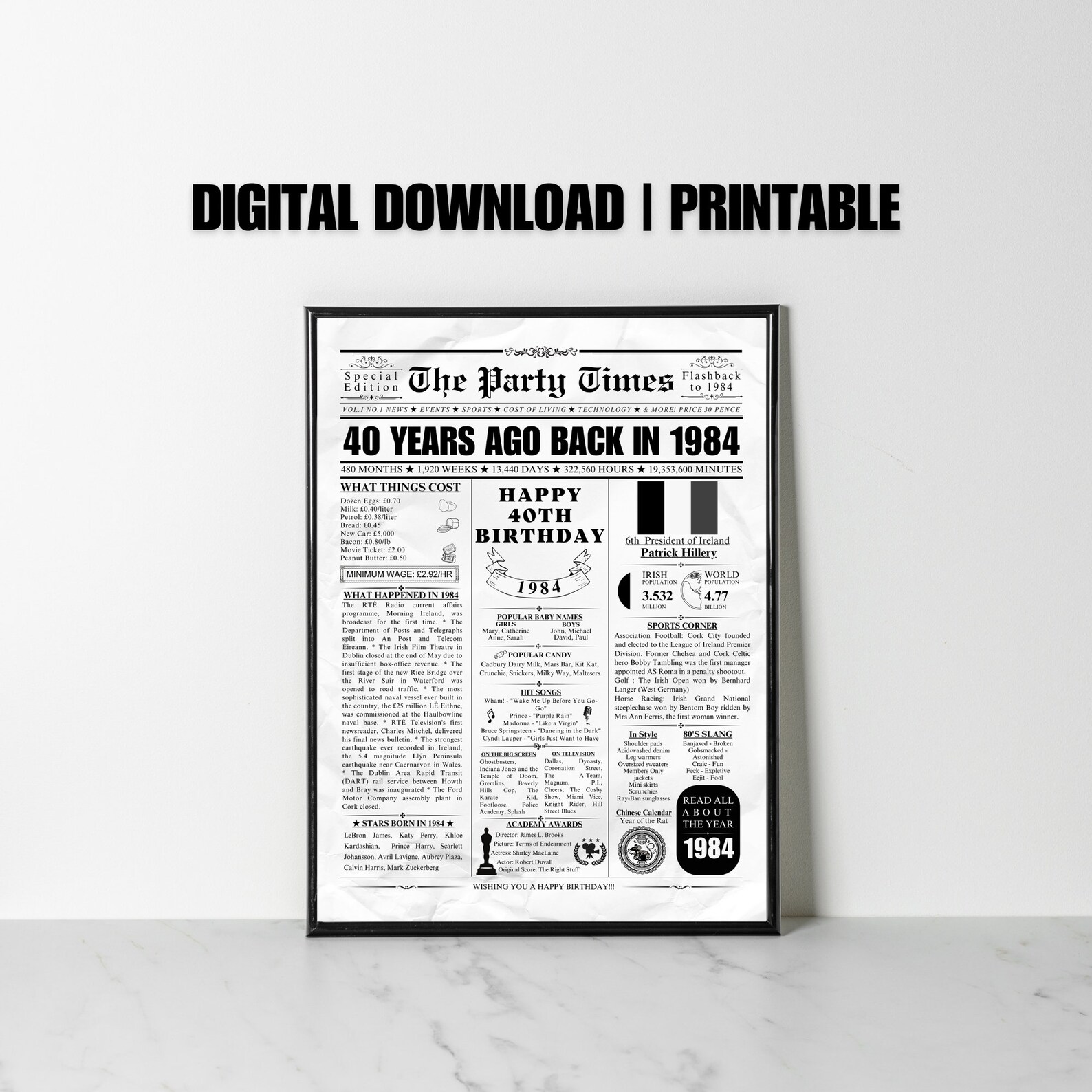 1984 Irish 40th Birthday Newspaper Poster IRELAND Facts 40 Years Ago ...