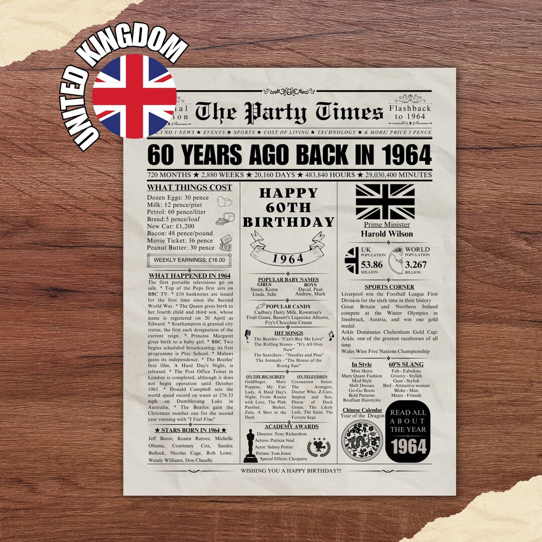 1964 UK 60th Birthday Newspaper Print United Kingdom 60th Birthday Gift ...