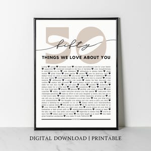 50 Things We Love About You Poster Frame Personalized 50th Birthday ...