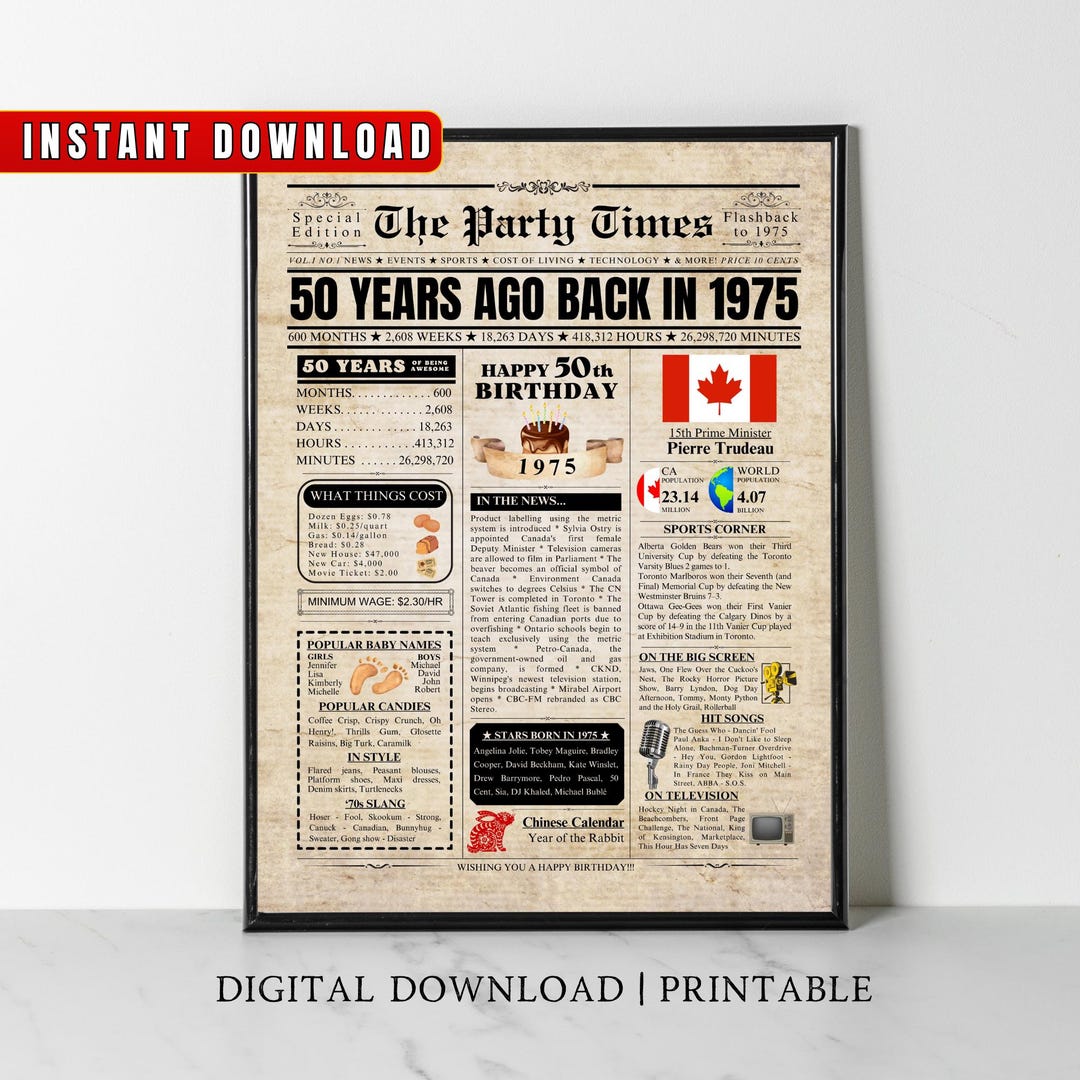 CANADA 50th Birthday Newspaper Printable, 1975 Canadian 50th Birthday ...