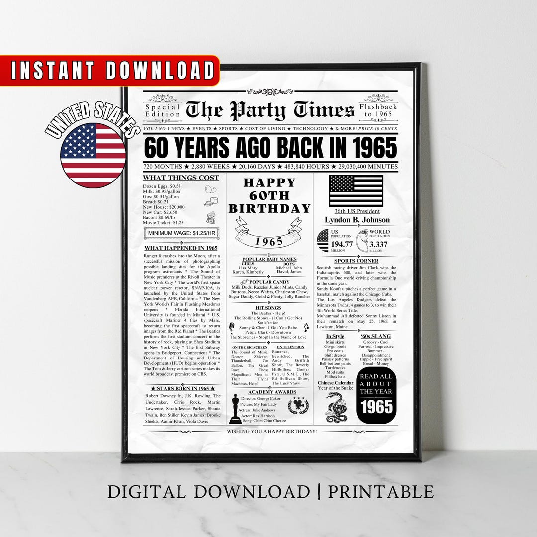 1965 Birthday Poster, 60th Birthday Gift for Him Her, 60th Bday Party ...