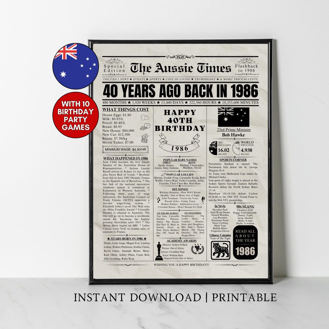 1986 AUSTRALIA 40th Birthday Newspaper Print Australian 40th Birthday ...
