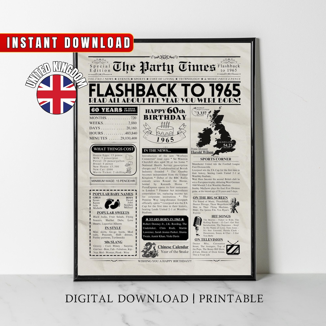 1965 UK 60th Birthday Newspaper Print United Kingdom 60th Birthday Gift ...