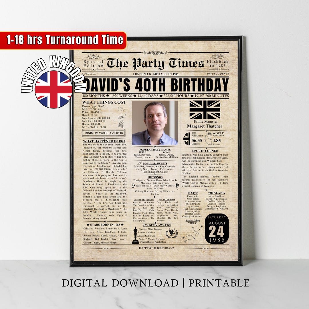 Custom 1985 UK 40th Birthday Newspaper Print United Kingdom 40th ...