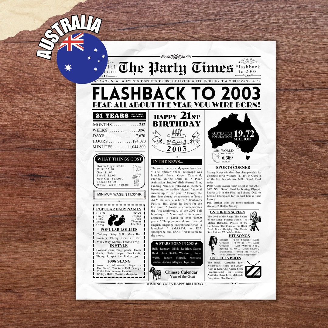 2003 AUSTRALIA 21st Birthday Newspaper Print Australian 21st Birthday ...