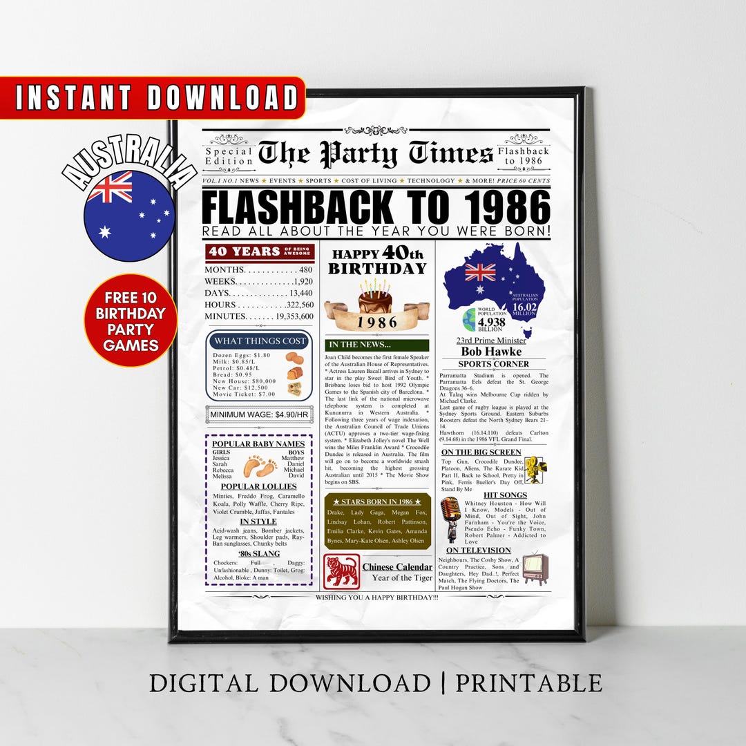 1986 AUSTRALIA 40th Birthday Newspaper Print Australian 40th Birthday ...