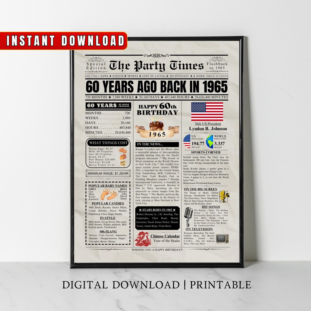 USA 60th Birthday Gift for Mom Dad, 60th Birthday Newspaper Printable ...