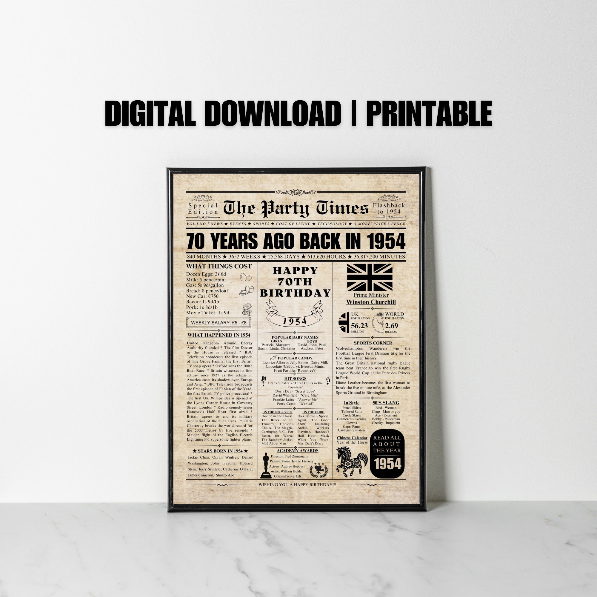 1954 UK 70th Birthday Newspaper Print United Kingdom 70th Birthday Gift ...