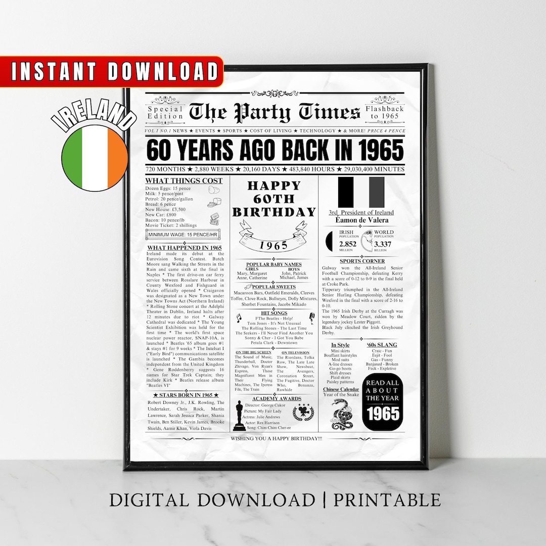 1965 Irish 60th Birthday Newspaper Poster IRELAND Facts 60 Years Ago ...