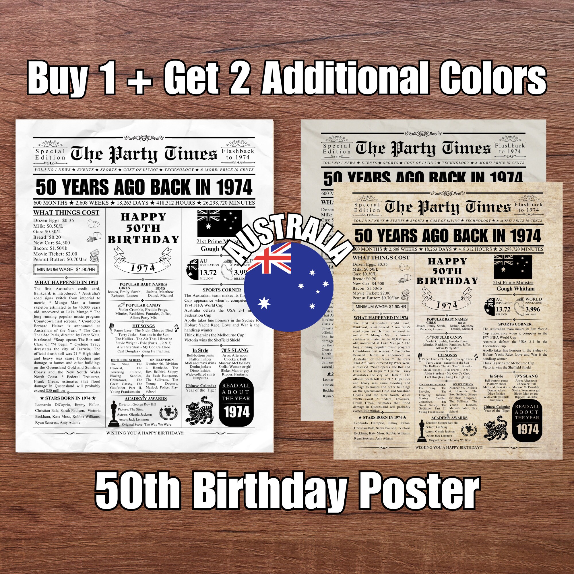 1974 AUSTRALIA 50th Birthday Newspaper Print Australian 50th Birthday Gift 1974 Birthday Poster ...