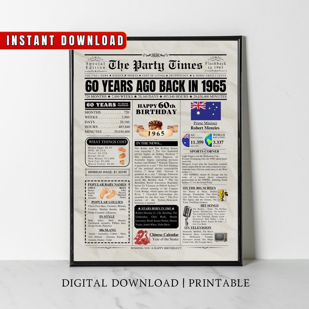1965 AUSTRALIA 60th Birthday Newspaper Print Australian 60th Birthday ...