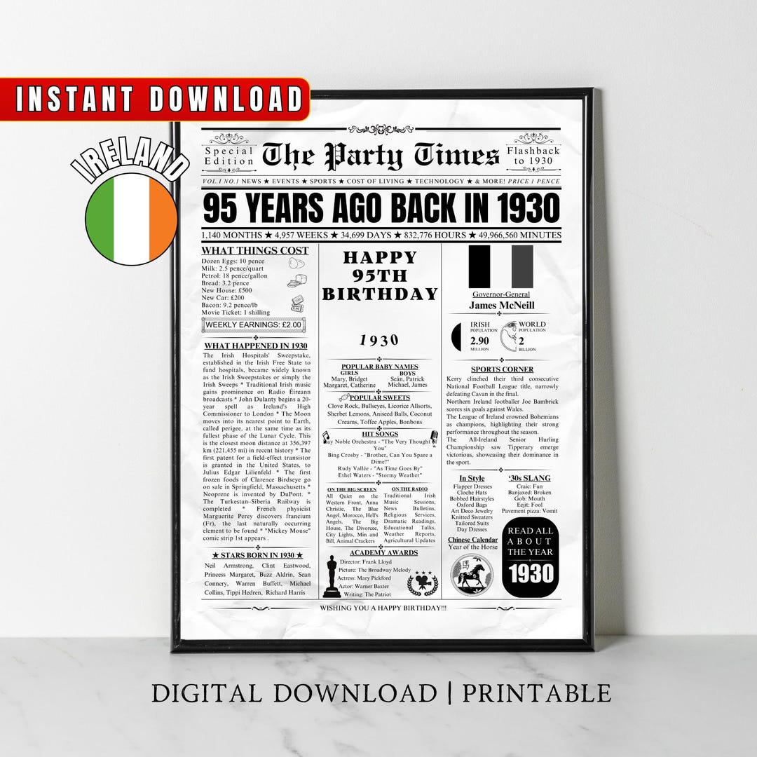 1930 Irish 95th Birthday Newspaper Poster IRELAND Facts 95 Years Ago ...
