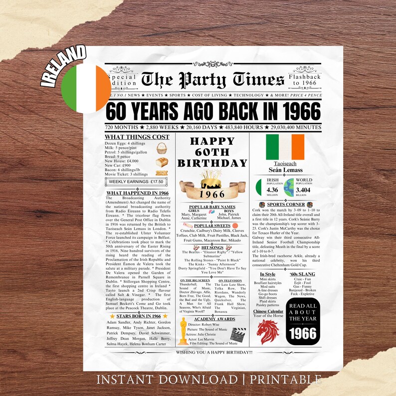 1966 Irish 60th Birthday Newspaper | 60th Birthday Gift for Men Women ...