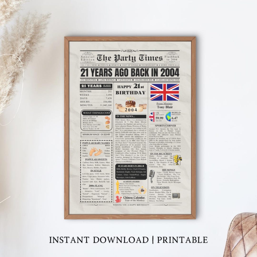 2004 UK 21st Birthday Newspaper Print United Kingdom 21st Birthday Gift ...