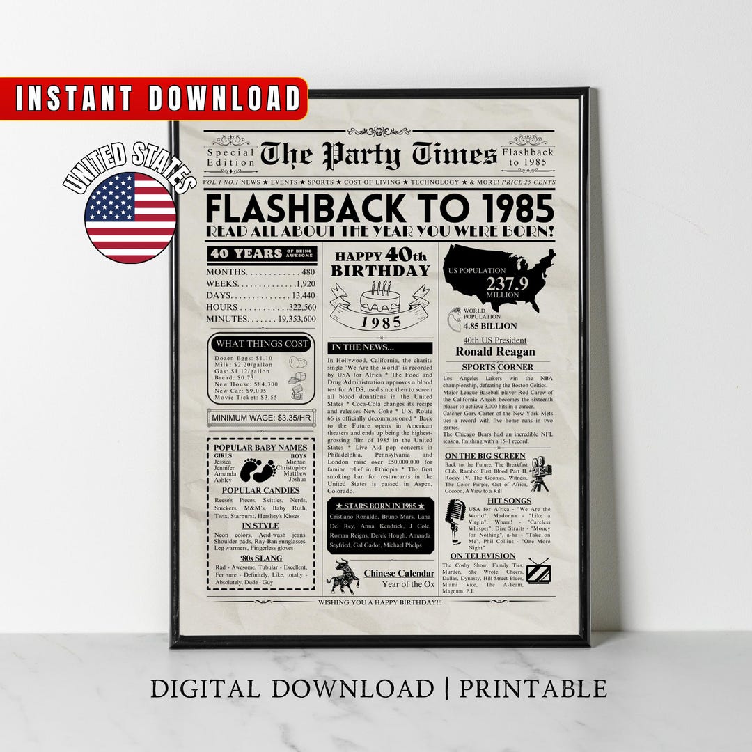 1985 USA 40th Birthday Newspaper Print American 40th Birthday Gift 1985 ...