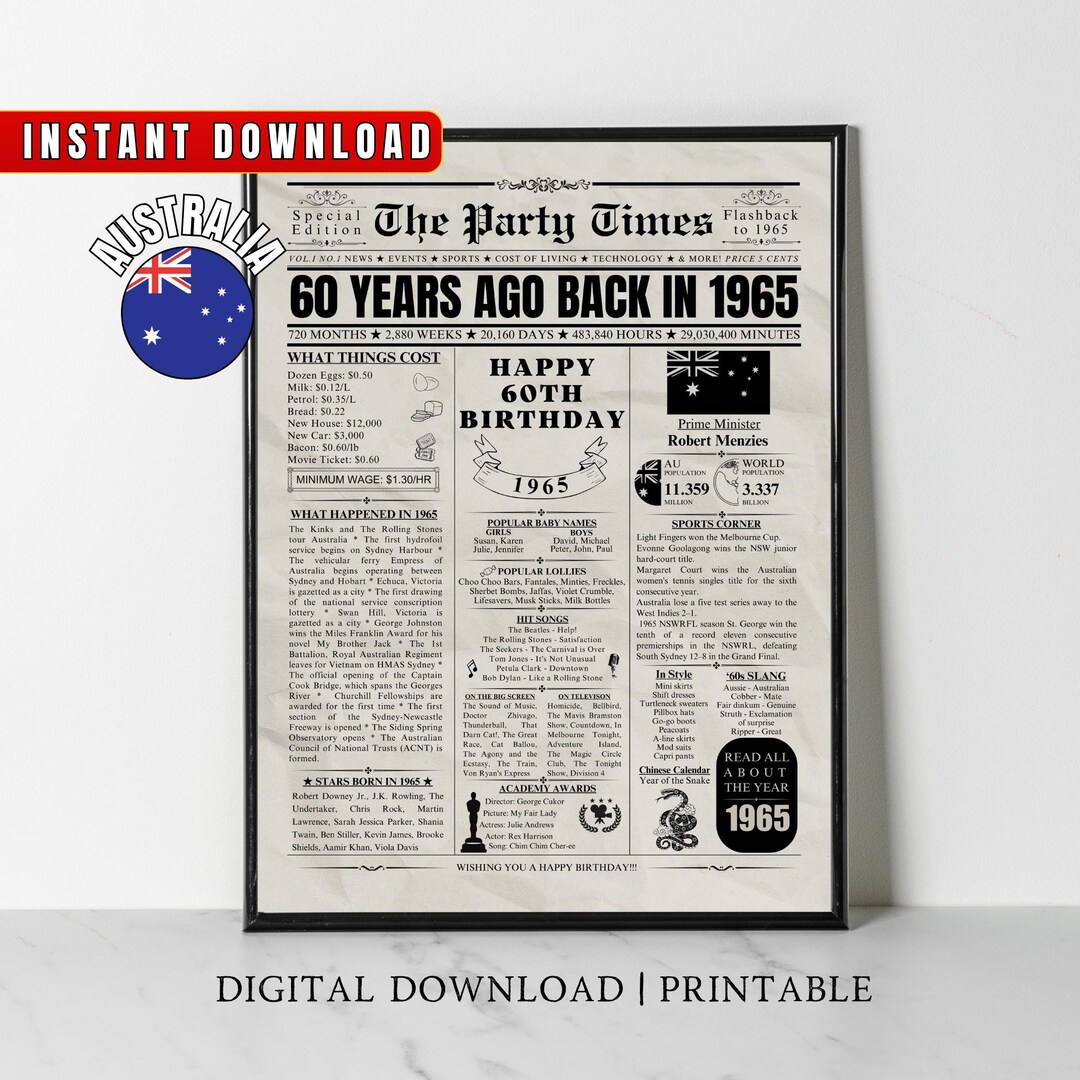 1965 AUSTRALIA 60th Birthday Newspaper Print, Australian 60th Birthday ...