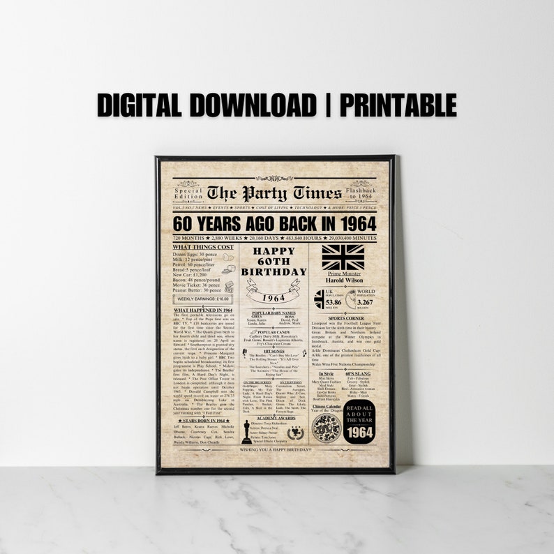 1964 UK 60th Birthday Newspaper Print United Kingdom 60th Birthday Gift ...