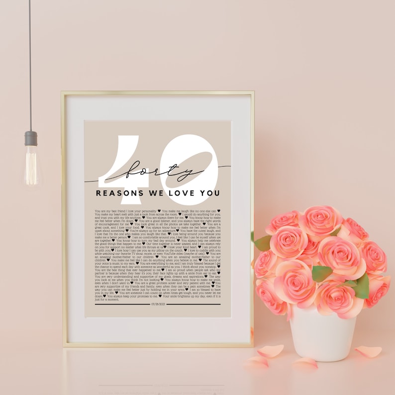 40 Reasons We Love You, 40th Birthday Gift, Forty Year Anniversary Gift ...