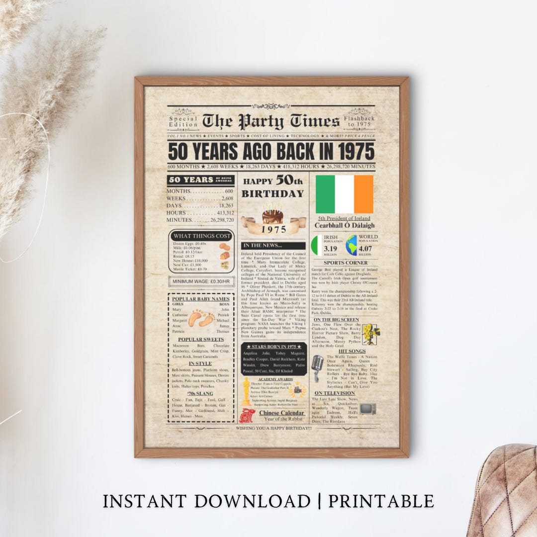 1975 Irish 50th Birthday Newspaper Poster IRELAND Facts 50 Years Ago ...