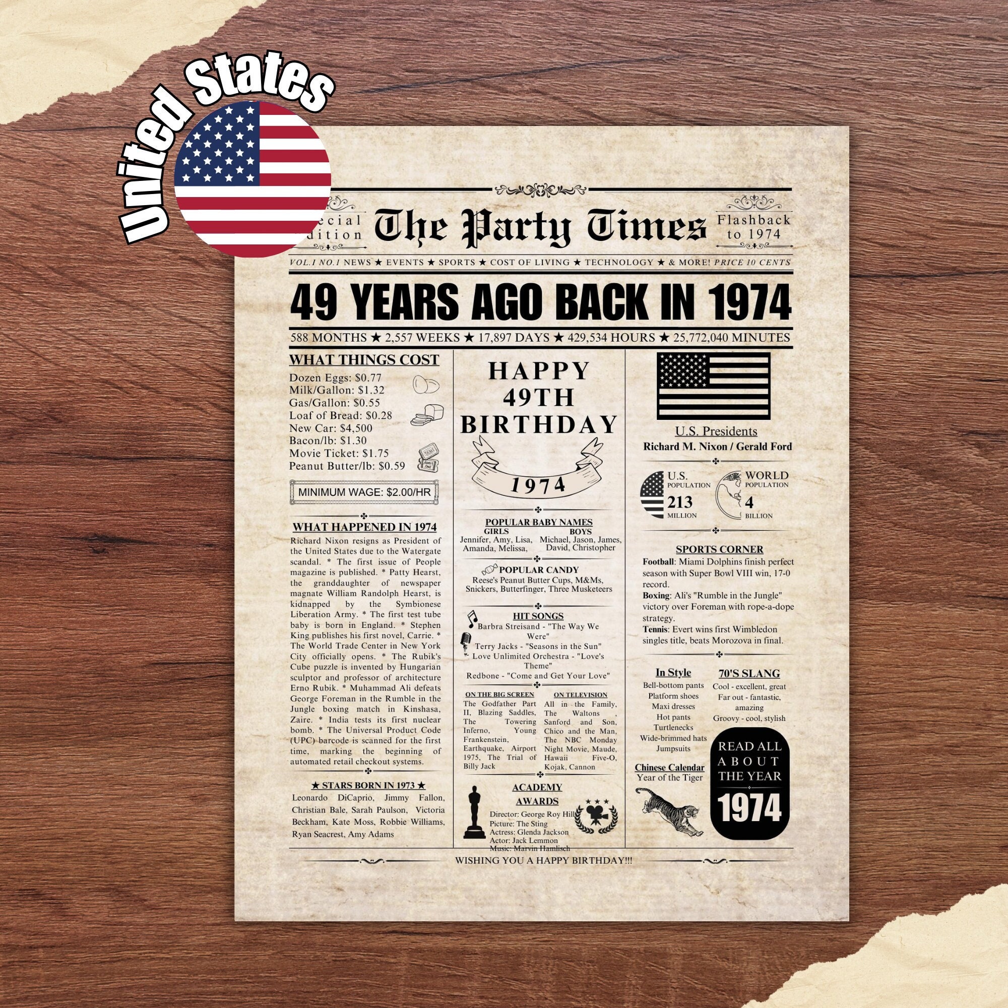 1974 USA 49th Birthday Newspaper Print America 49th Birthday - Etsy