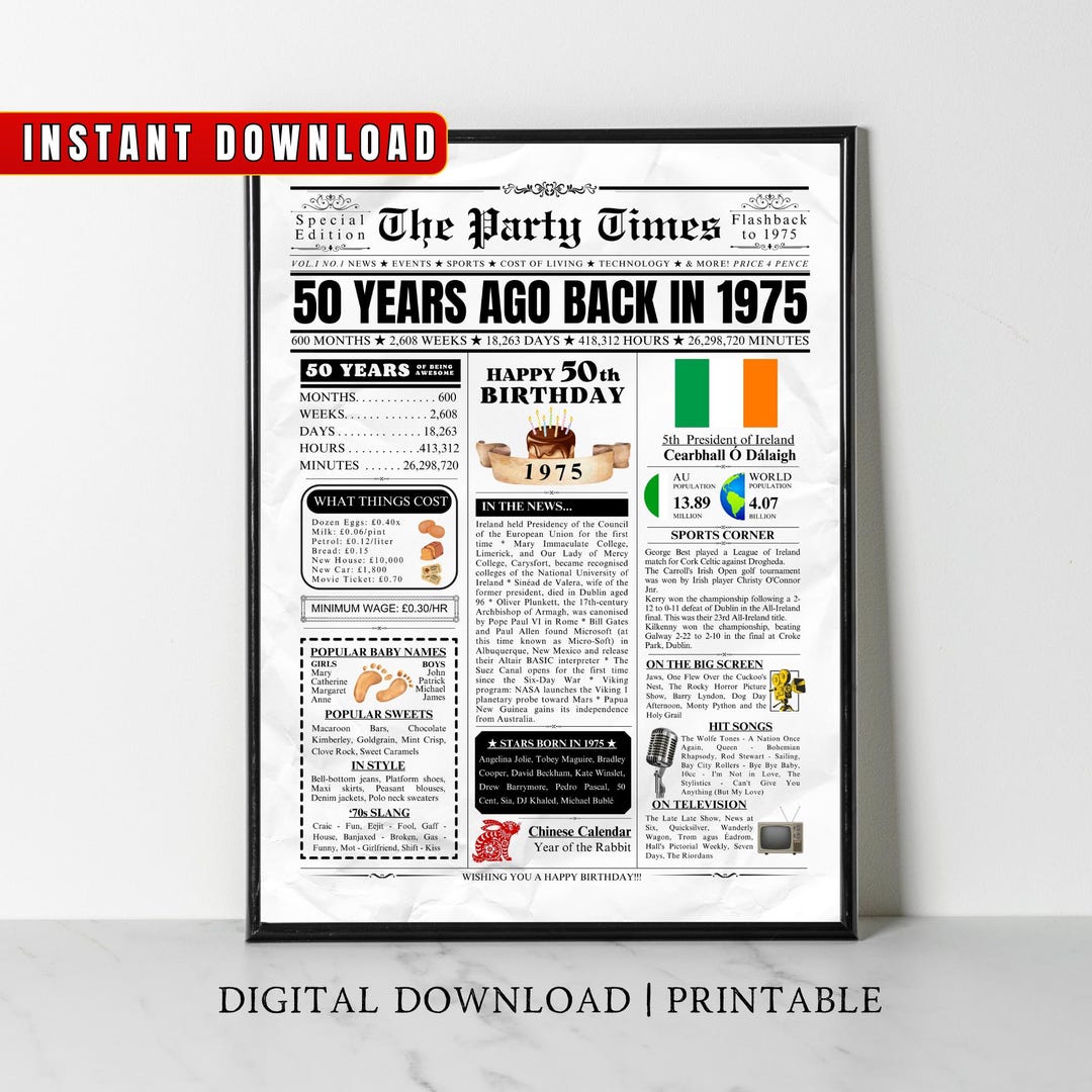 1975 Irish 50th Birthday Newspaper Poster IRELAND Facts 50 Years Ago ...