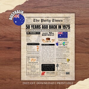 AUSTRALIA 50th Birthday Newspaper Printable, 1975 Australian 50th ...