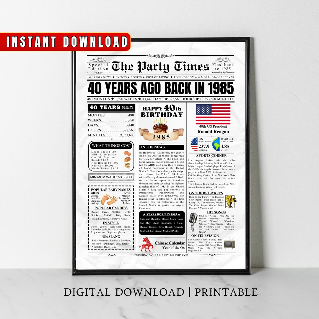 1985 USA 40th Birthday Newspaper Print, United States, 40th Birthday ...