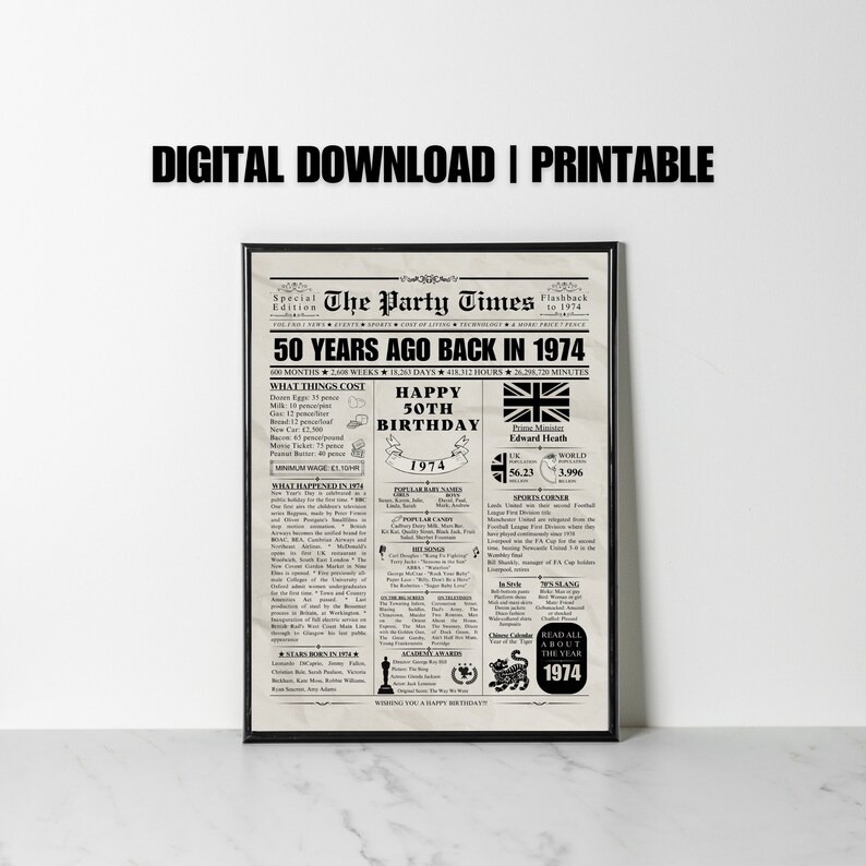 50th Birthday Newspaper 1974 UK 1974 Newspaper Poster BRITISH Facts 50 Years Ago Back in 1974 ...