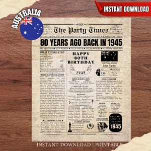 1945 AUSTRALIA 80th Birthday Newspaper Print Australian 80th Birthday Gift 1945 Birthday Poster ...