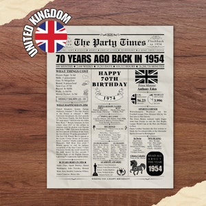 1954 UK 70th Birthday Newspaper Print United Kingdom 70th Birthday Gift ...