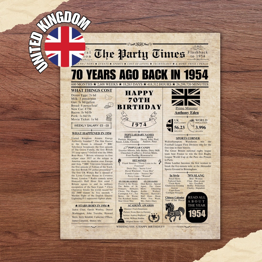 1954 UK 70th Birthday Newspaper Print United Kingdom 70th Birthday Gift ...