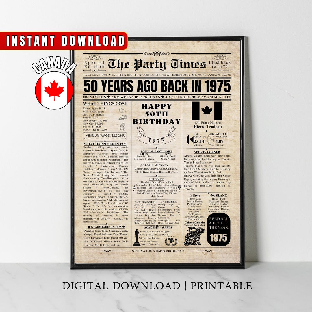1975 CANADA 50th Birthday Newspaper Print Canadian 50th Birthday Gift ...
