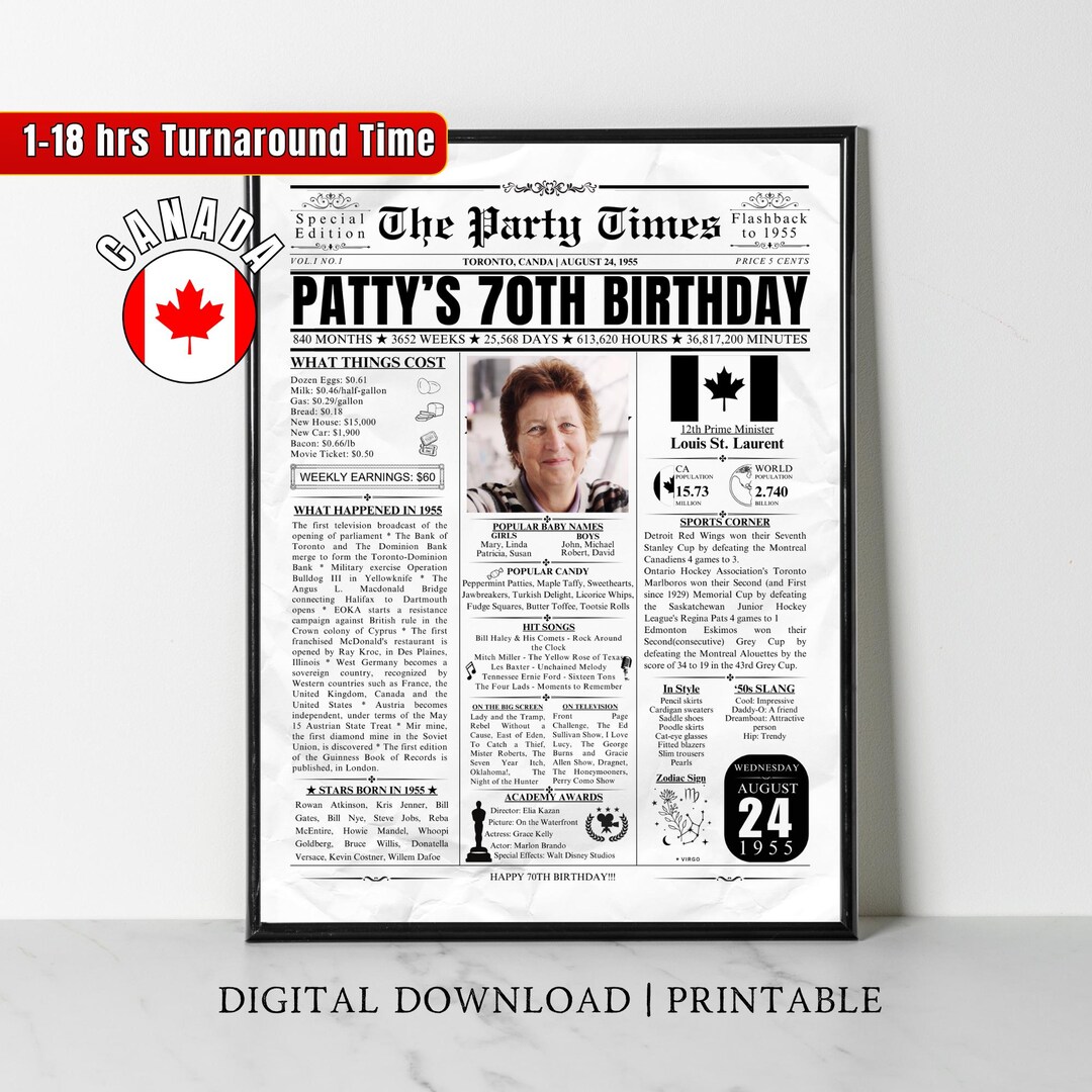 Personalized 1955 CANADA 70th Birthday Newspaper Print, Canadian 70th ...