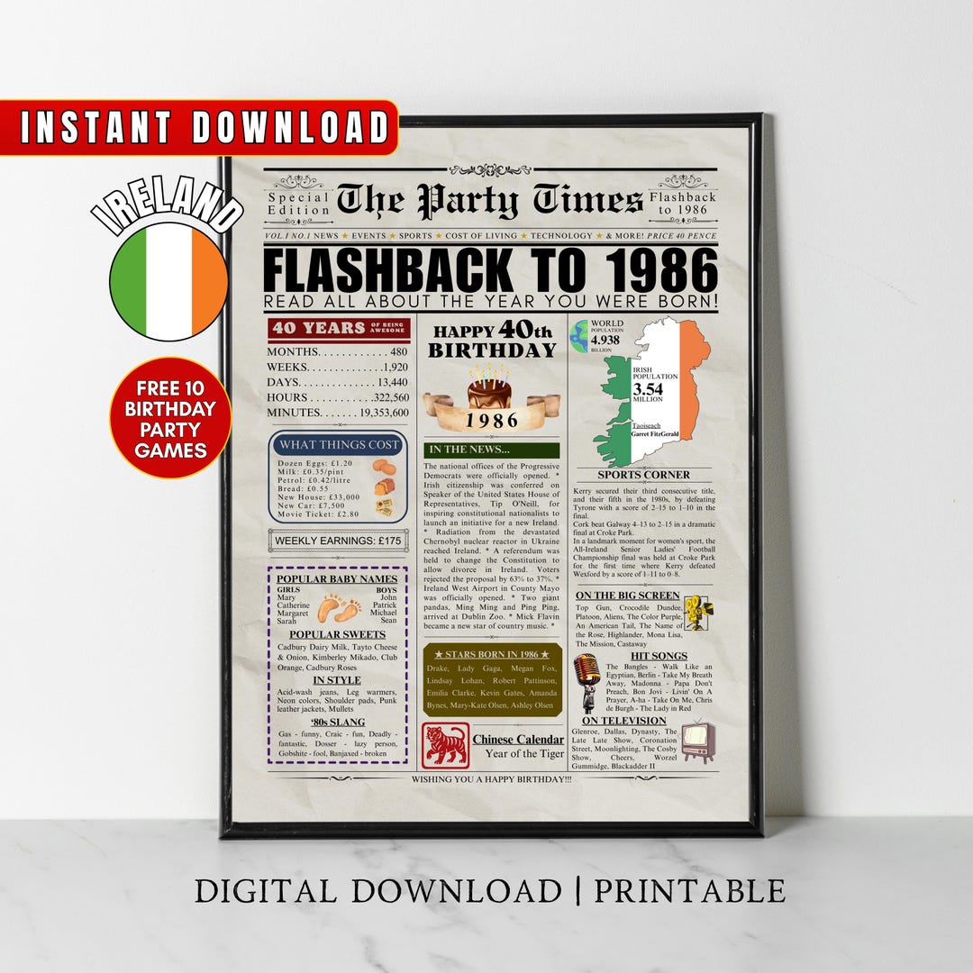1986 Irish 40th Birthday Newspaper Poster IRELAND Facts 40 Years Ago ...