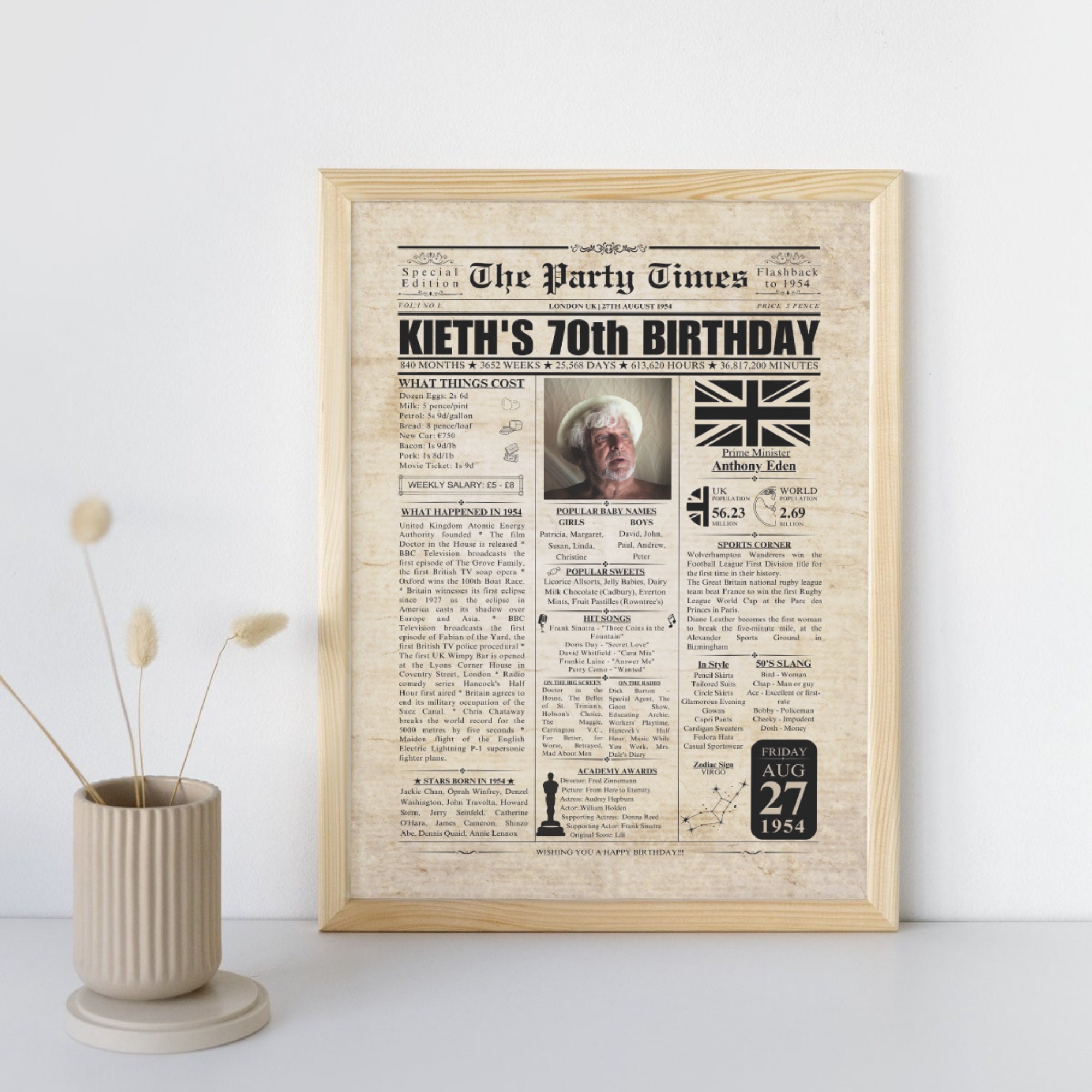 1954 UK Newspaper Poster, 1954 Birthday Printable Gift, 70th Birthday ...