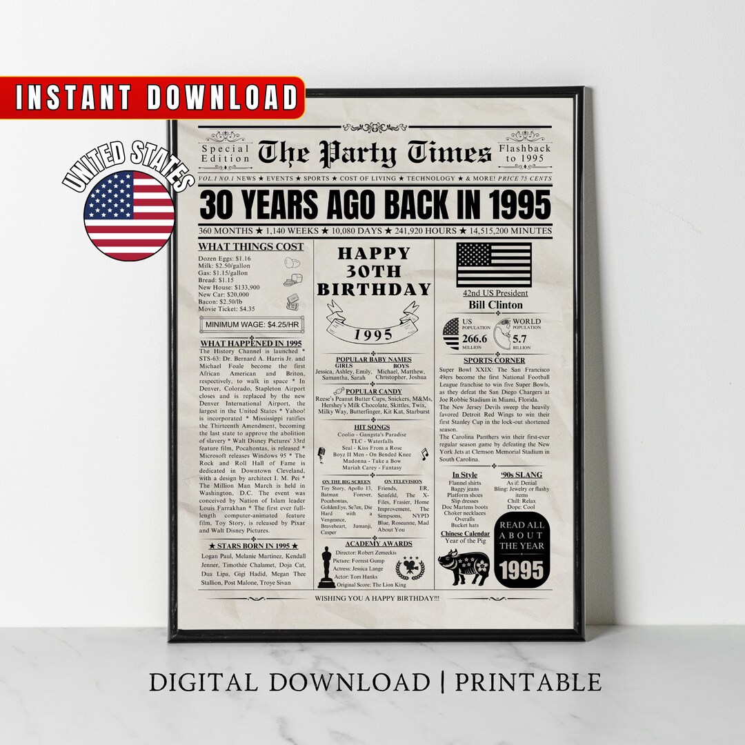 1995 USA 30th Birthday Newspaper Print, United States, 30th Birthday ...