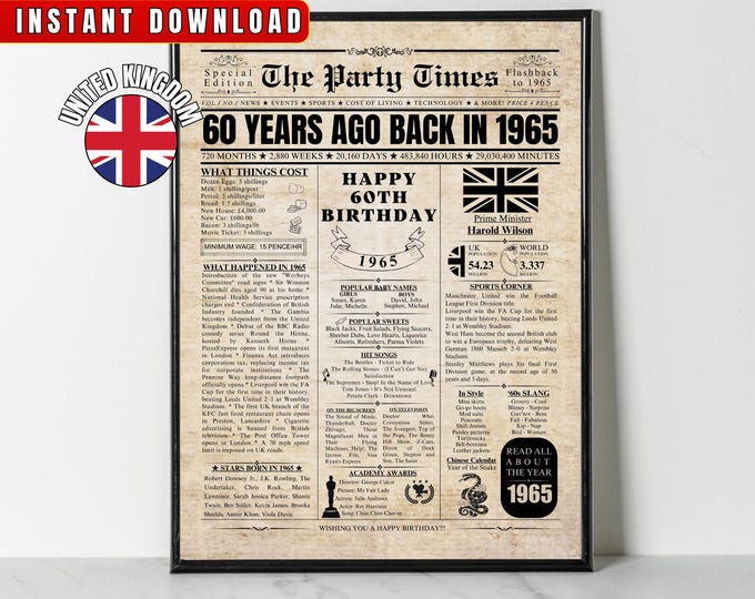 60th Birthday Newspaper Poster Sign UK, 60th Birthday Gift for Men or ...