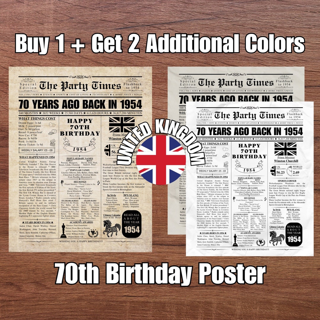 1954 UK 70th Birthday Newspaper Print United Kingdom 70th Birthday Gift ...