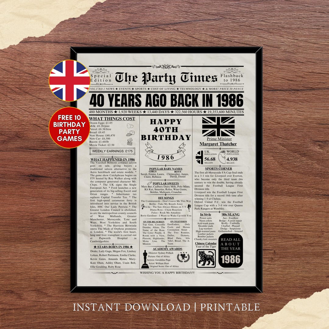 1986 UK 40th Birthday Newspaper Print, United Kingdom, 40th Birthday ...