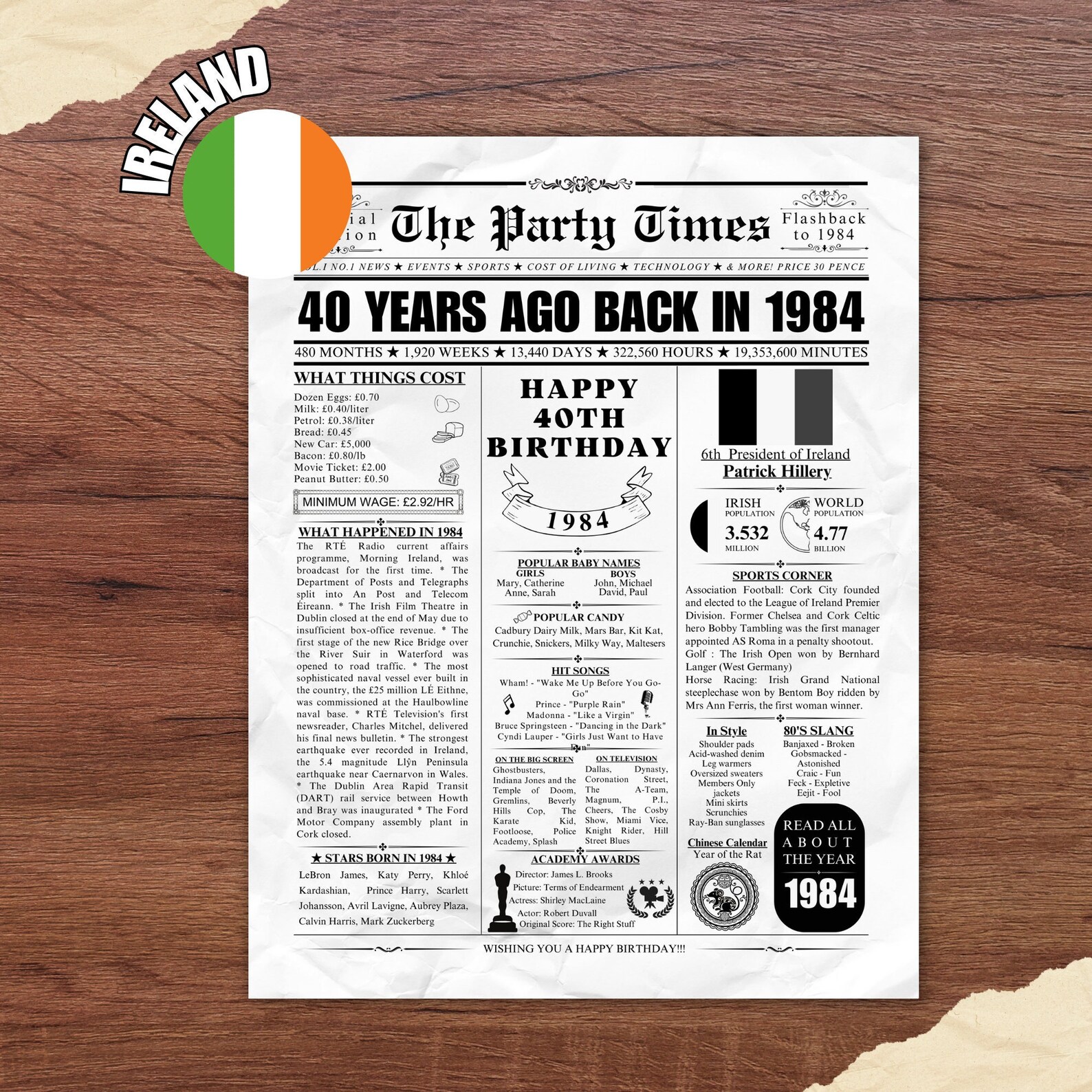 1984 Irish 40th Birthday Newspaper Poster IRELAND Facts 40 Years Ago ...