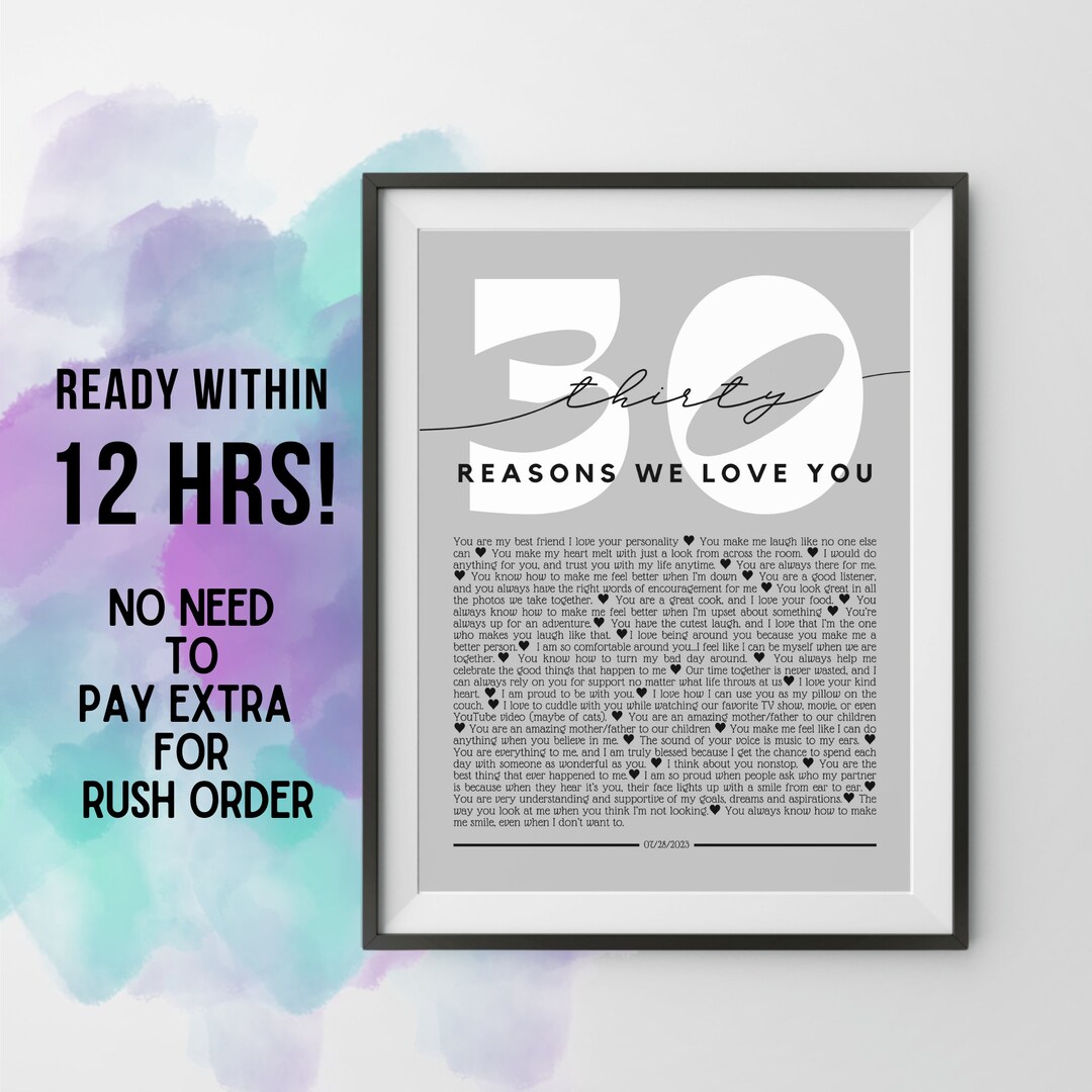 30 Reasons We Love You, 30th Birthday Gift, Thirty Year Anniversary ...