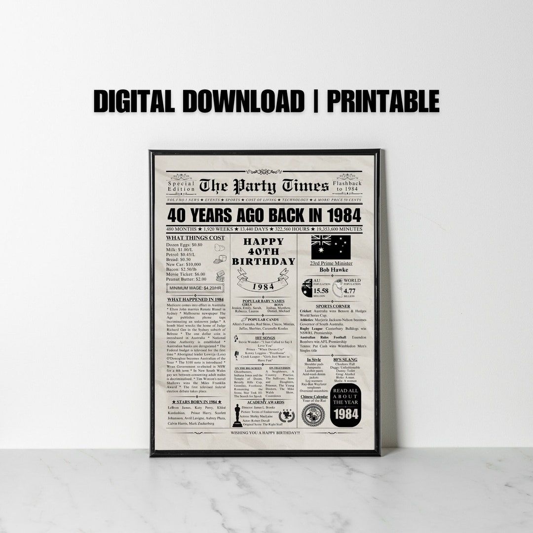 1984 AUSTRALIA 40th Birthday Newspaper Print Australian 40th Birthday ...