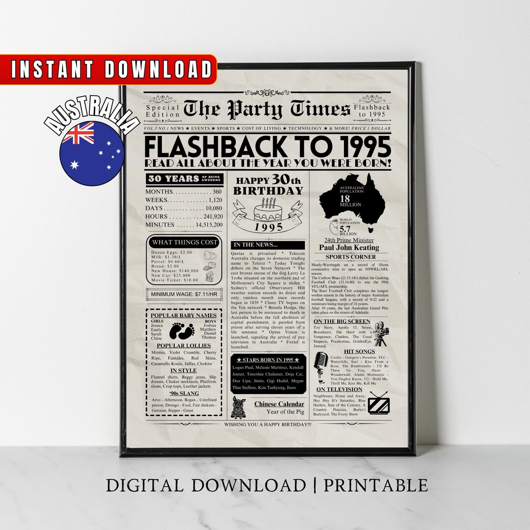 1995 AUSTRALIA 30th Birthday Newspaper Print Australian 30th Birthday ...