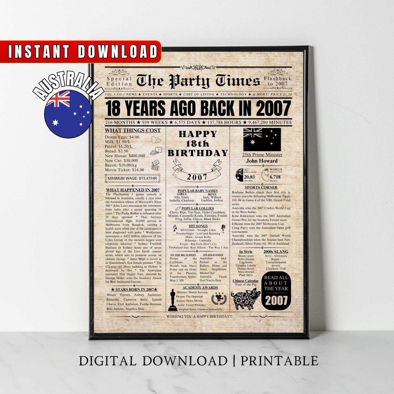 2007 AUSTRALIA 18th Birthday Newspaper Print Australian 18th Birthday ...