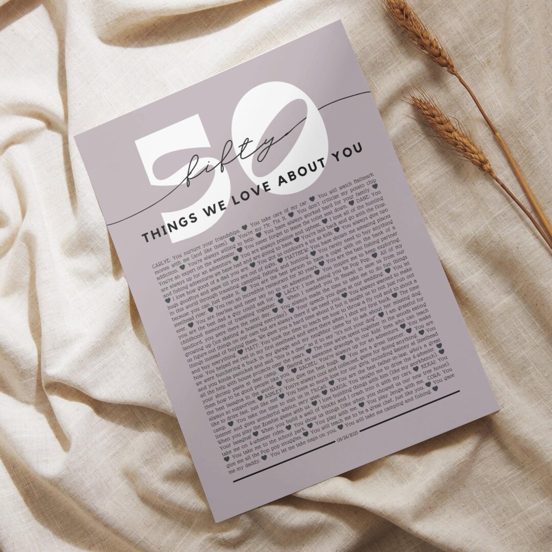 50 Things We Love About You Poster Frame Personalized 50th Birthday ...