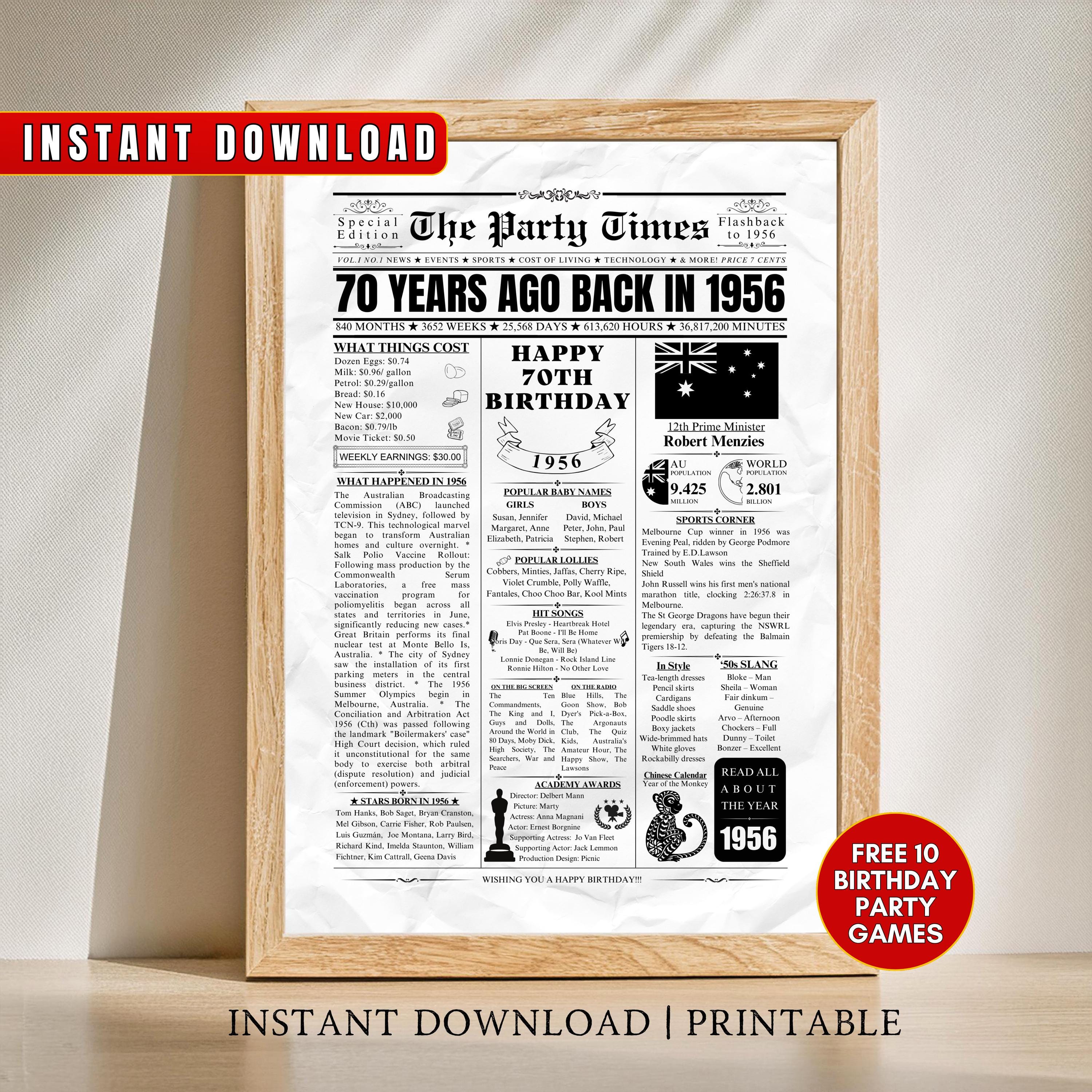 AUSTRALIA 70th Birthday Newspaper Printable, 1956 Australian 70th ...