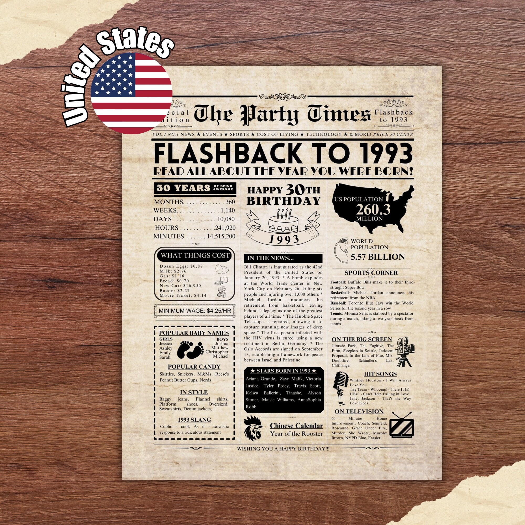 1993 USA 30th Birthday Newspaper Print American 30th Birthday - Etsy